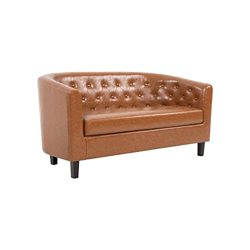 Emma Love Seat, Button Tufted Faux Leather Barrel Loveseat, Midcentury Modern 2 Seater Sofa Couch, Small Loveseat for Small Spaces, Bedrooms, Couches for Living Room, Easy Tool-Free Assembly - Caramel