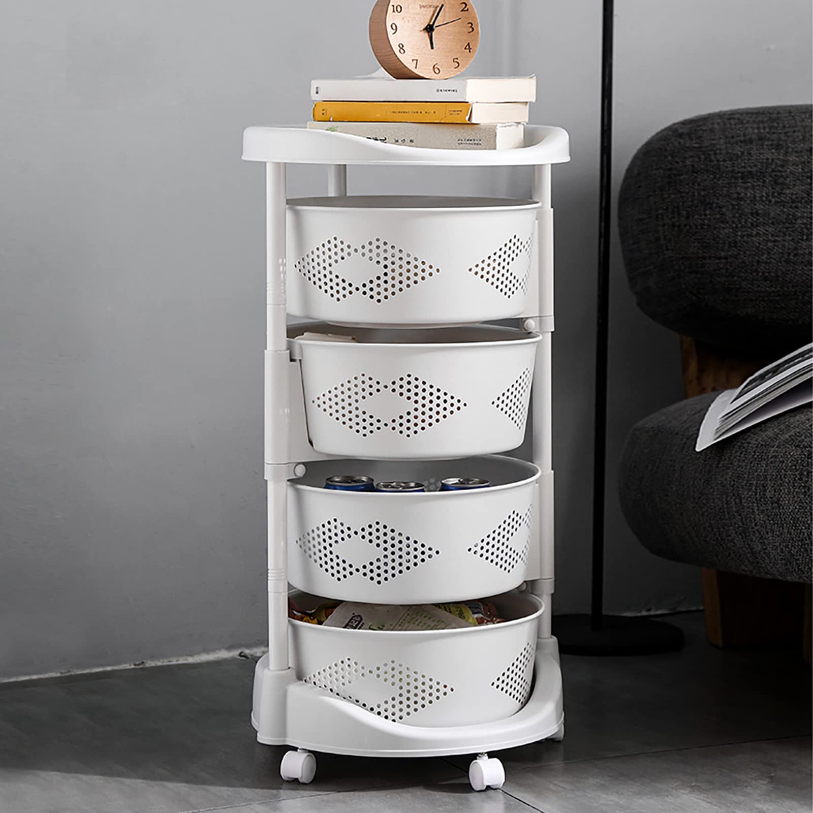 LOYALHEARTDY Rotating Storage Rack 4 Tier Round Mesh Baskets Storage Shelf Rack Adjustable Height Kitchen Storage Shelf with 5 Lockable Casters for Kitchen Bathroom Bedroom White