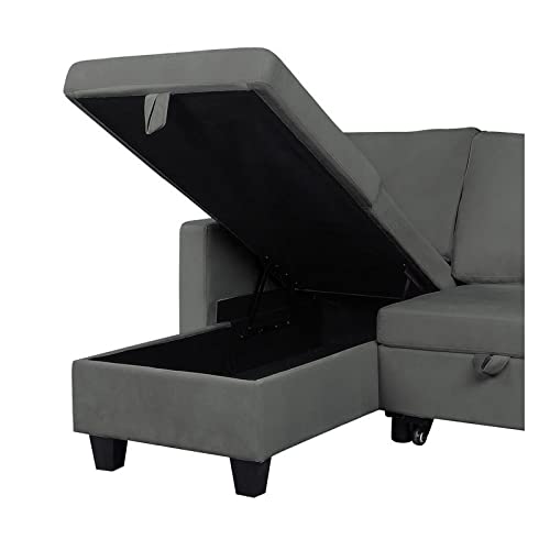 BOWERY HILL Dark Gray Velvet Reversible Sleeper Sectional with Storage Chaise