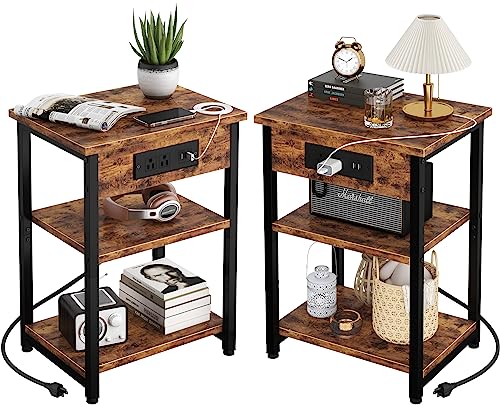 End Tables Set of 2 with Charging Station and USB Ports, 3-Tier Narrow Side Table Bedside Table with Power Outlets for Small Space Living Room Bedroom, Nightstands with Storage Shelves, Rustic Brown