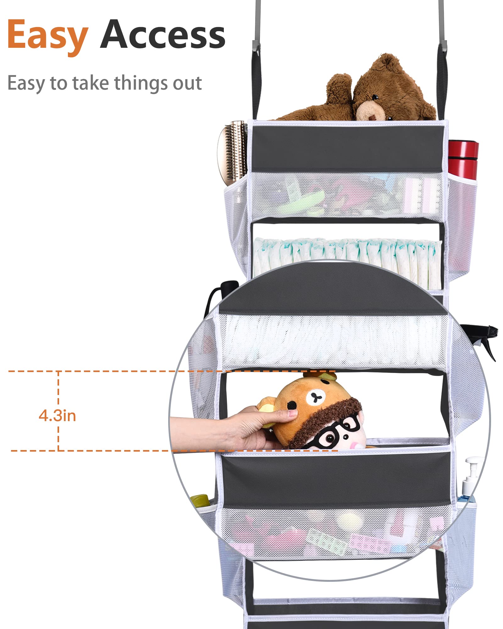 ULG Over Door Organizer with 4 Large Pockets 6 Mesh Side Pockets, 33 lbs Weight Capacity Hanging Storage Organizer with Clear Window for Bedroom Nursery, Baby Kids Toys, Diapers, Dark Grey (1 Pack)