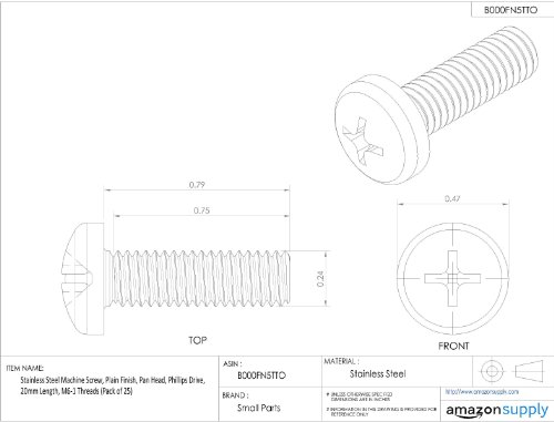 Small Parts Stainless Steel Machine Screw, Plain Finish, Pan Head, Phillips Drive, 20mm Length, M6-1 Threads (Pack of 25)