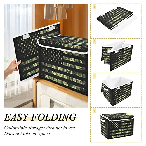 DOMIKING American Flag Green Camo Large Storage Bin with Lid Collapsible Shelf Baskets Box with Handles Organizing Container for Bedroom Living Room Kid's Room