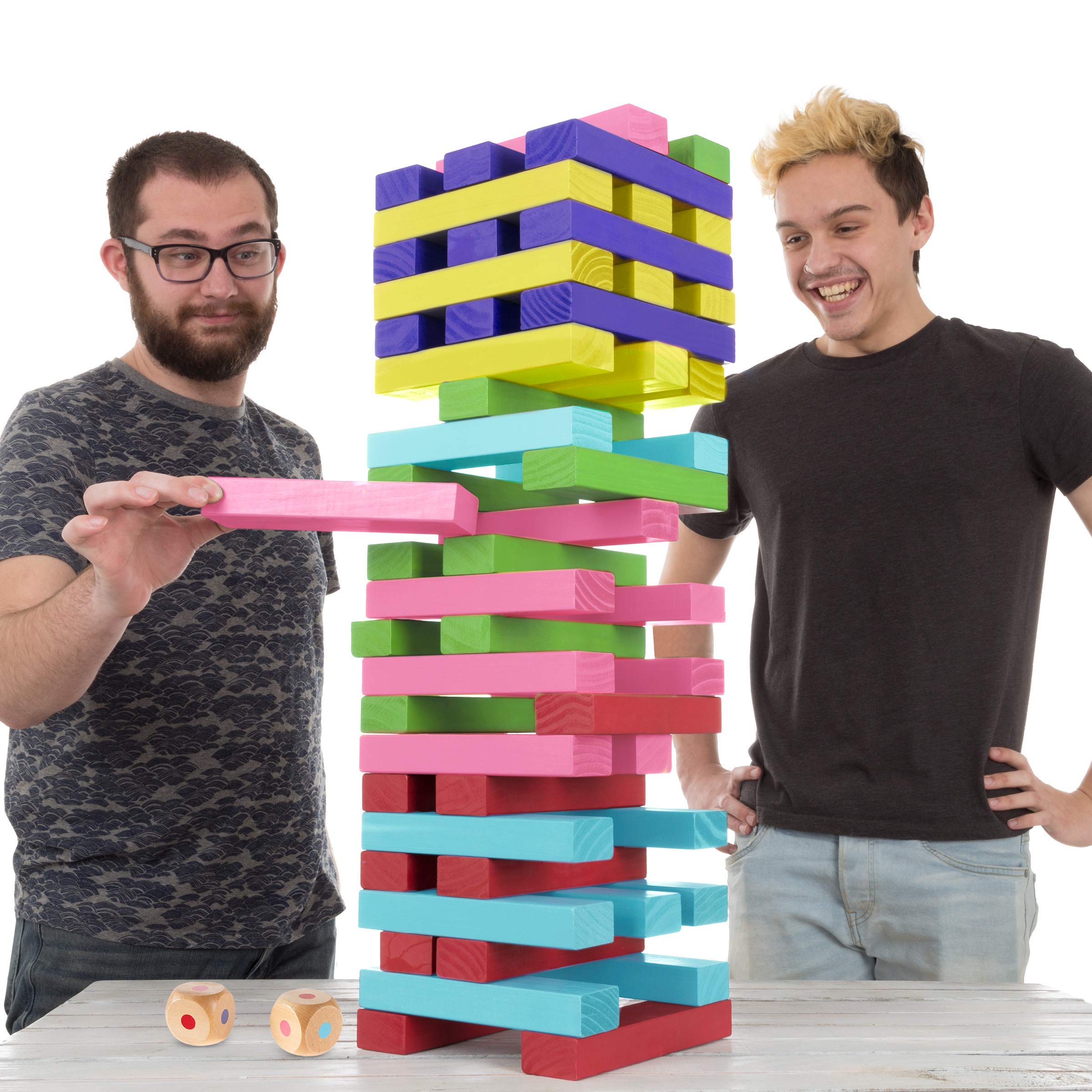 Hey! Play! Nontraditional Giant Wooden Blocks Tower Stacking Game with Dice, Outdoor Yard Game, for Adults, Kids, Boys and Girls (Rainbow Color)
