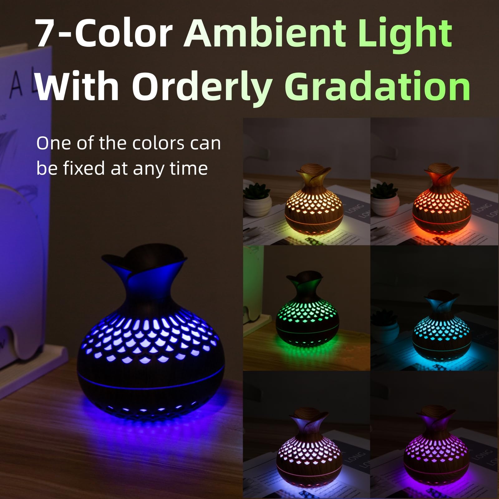 Colorful Cool Mini Humidifier, Flower Shape Humidifier,USB Personal Desktop Humidifier for Car, Office Room, Bedroom,etc. 2 Mist Modes, 7 colors,Super Quiet (Lightwood)