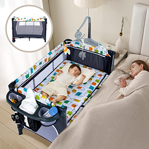 PEARLOVE Baby 5-in-1 Pack and Play, Baby Bedside Sleeper with Bassinet, Bassinet Bedside Crib with Mattress, Diaper Changer, Playard and Music Box, Portable Crib for Newborn to Toddles