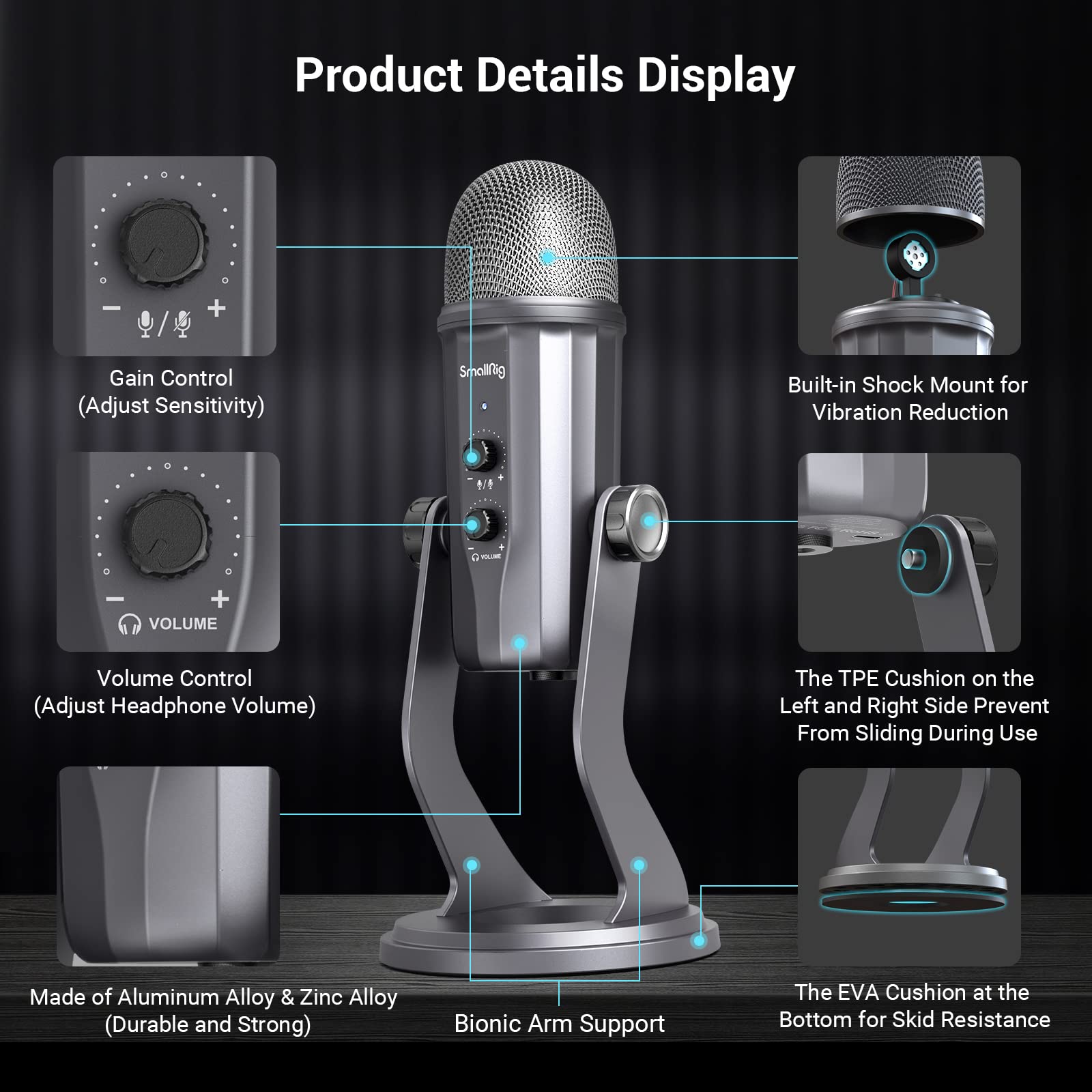 SMALLRIG U50 All Metal USB Microphone with Cardioid Pickup, Streaming Gaming Microphone for PC, PS5 & Mac, Shock Mount & Adjustable Stand, Condenser Microphone for Recording, Plug n Play, Grey - 3465