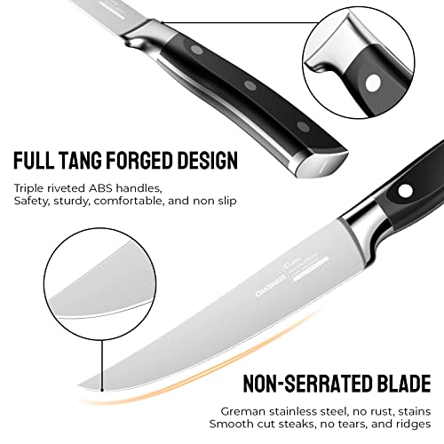 OAKSWARE Steak Knives, Non Serrated Steak Knife Set of 4, 5 Inch German Steel Steak Knife Set, 4 Pieces Professional Straight Edge Kitchen Table Dinner Knives - Full Tang Ergonomic Handle