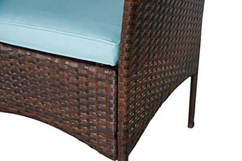 BTEXPERT Space Saving Outdoor Wicker Conversation 3 Piece Bistro Set Garden Patio Yard Porch Furniture Pe Rattan Two Chairs Cushions Side Storage Table Brown/Aqua Blue