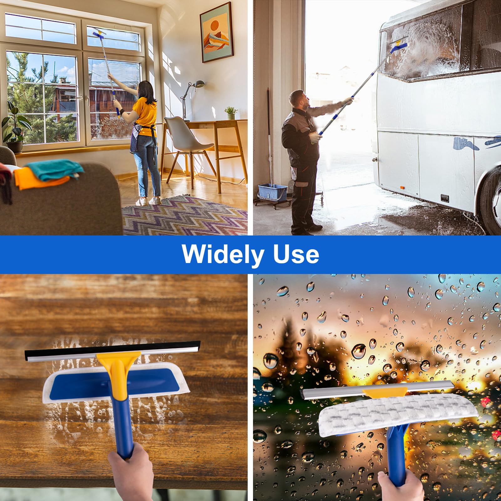 BITOPE 2 in 1 Squeegee for Window Cleaning, 60" Extension Pole Long Handle Window Cleaner Tool,12" Window Squeegee and 2pcs 11" Microfiber Pads for Shower Glass Door, High Window Cleaning Kit
