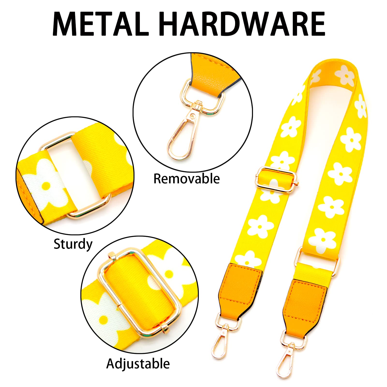 weiwei Wide Purse Strap Replacement,Flower Adjustable Guitar Style Bag Straps for Women Crossbody Handbags,Yellow Leather Design at The End