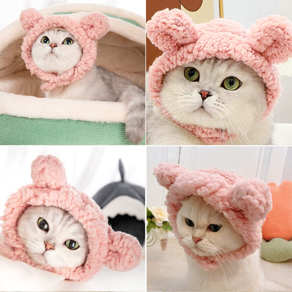 JOICEE Cute Cat Costume Warm Bear Hat for Cat Adjustable Soft Small Pet Headwear Bear Hat for Cat Puppy Dog (Pink)