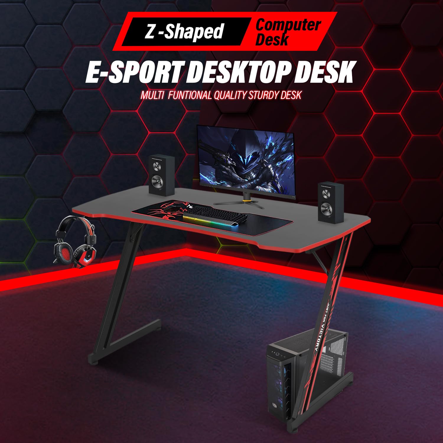 MGHH 47 Inch Gaming Desk Computer Desk Home Office Desk Z Shaped Ergonomic Simple PC Workstaion Gaming Table with Carbon Fibre Surface Headphone Hook Adjustable Leveling Foot for Gamer Player,Red