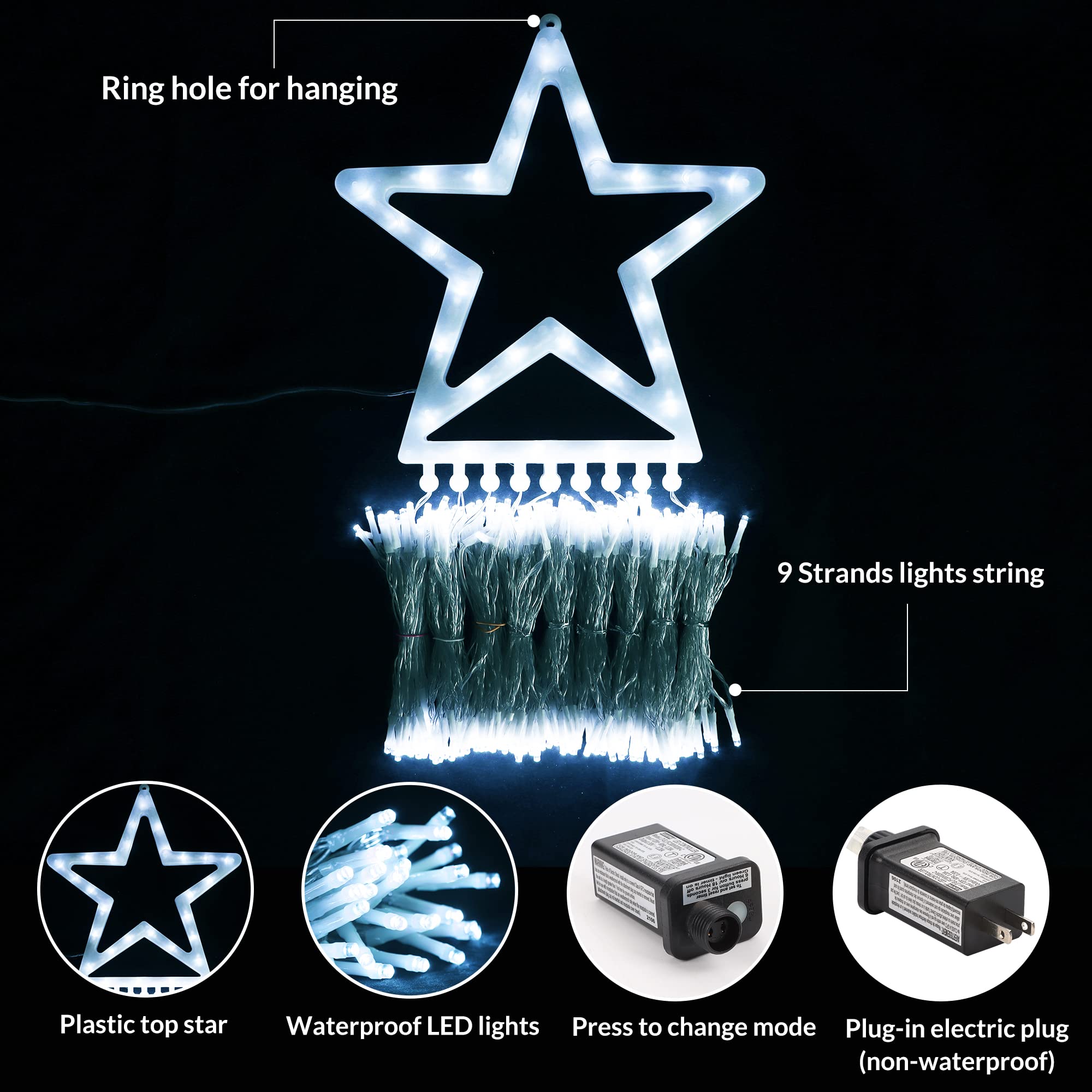 MESHUBA Star String Lights Outdoor Patio Decoration 317 LED Waterfall Christmas Tree Lights Indoor Outside Decoration Lights for Party, Yard, Garden, Holiday, Home Décor, White