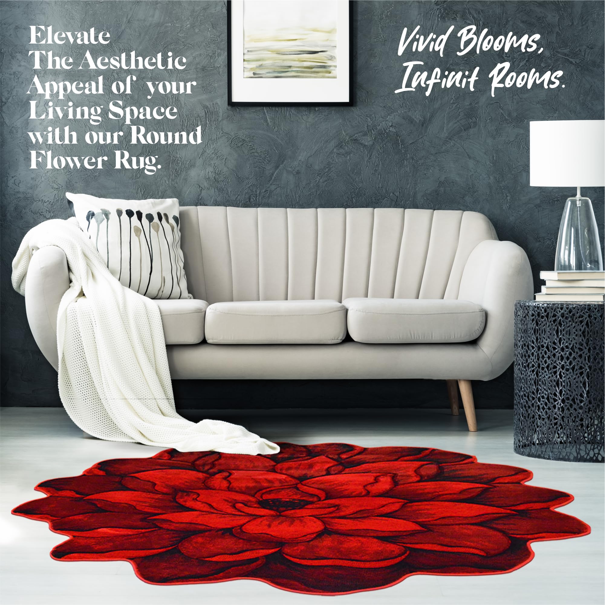 Flower Rug 2ft Round Area Rugs Cute Plush Flower Shaped Rug Circle Girly for Bedroom Floor Living Room Carpet 301 Red