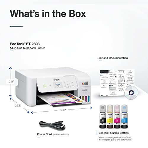 Epson EcoTank ET-2803 All-In-One Wireless Supertank Color Inkjet Printer, White - Print Scan Copy - 1.44" LCD Display, 10 ppm, 5760 x 1440 dpi, Borderless Photo Prints, Mobile Printing, USB Connection
