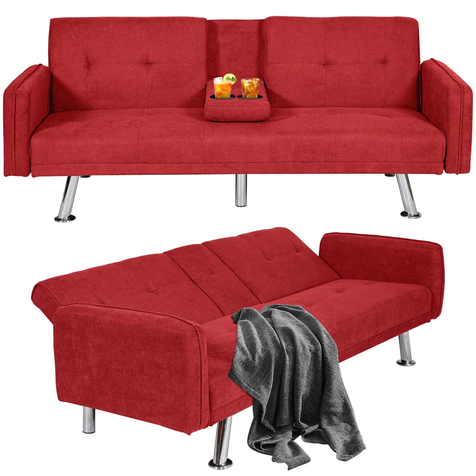 AWQM Futon Sofa Bed,Modern Upholstered Convertible Folding Sleeper Sofa,Recliner Futon Couch Bed with Armrests 2 Cup Holders,for Living Room,Apartment,72.4" L x 18.5" D x 29.9" H,Red
