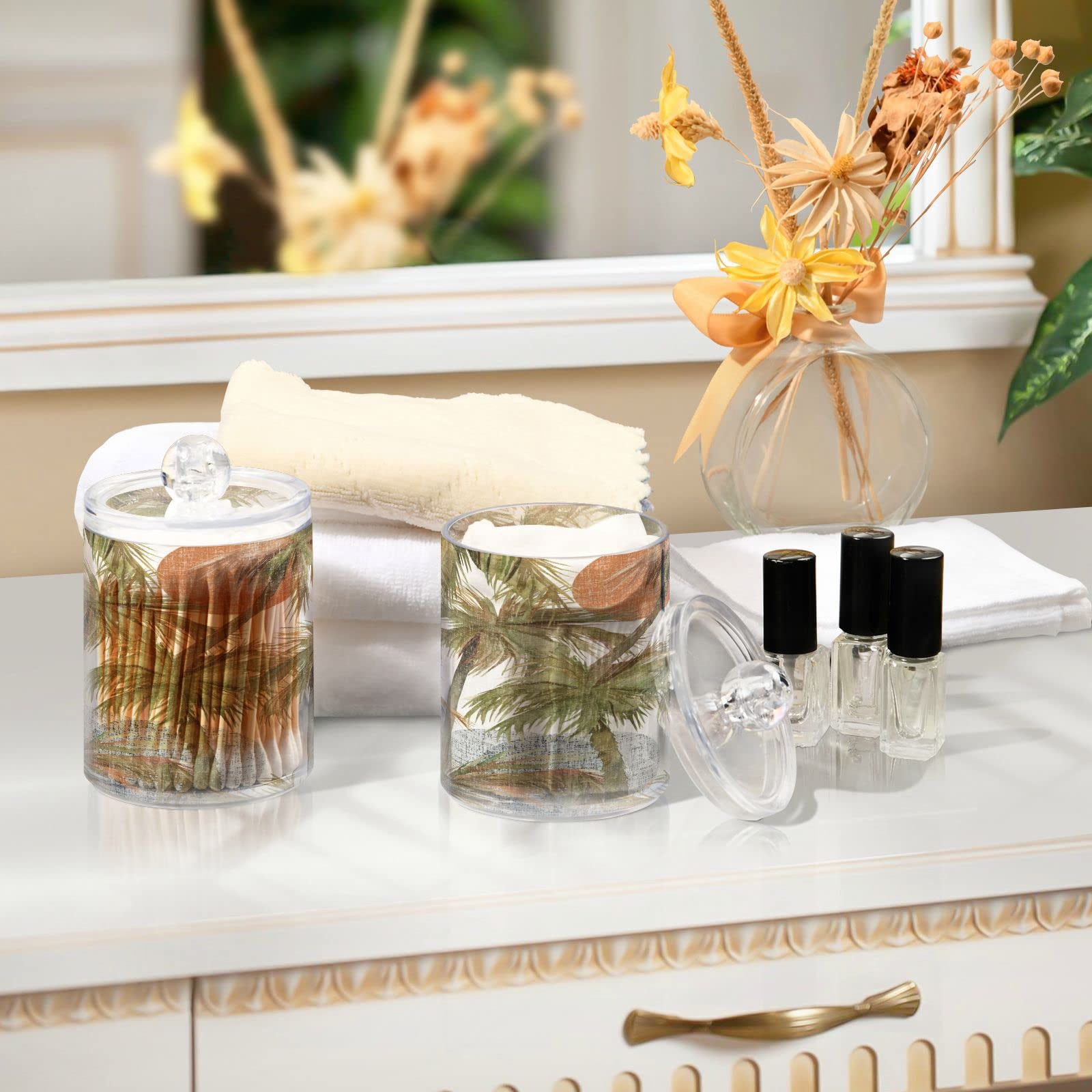 Kigai Abstract Palm Tree Qtip Holder Dispenser - 14OZ Clear Plastic Apothecary Jars Food Storage Jar with Lids Bathroom Canister Organizer for Coffee, Tea, Candy, Floss (2Pack)