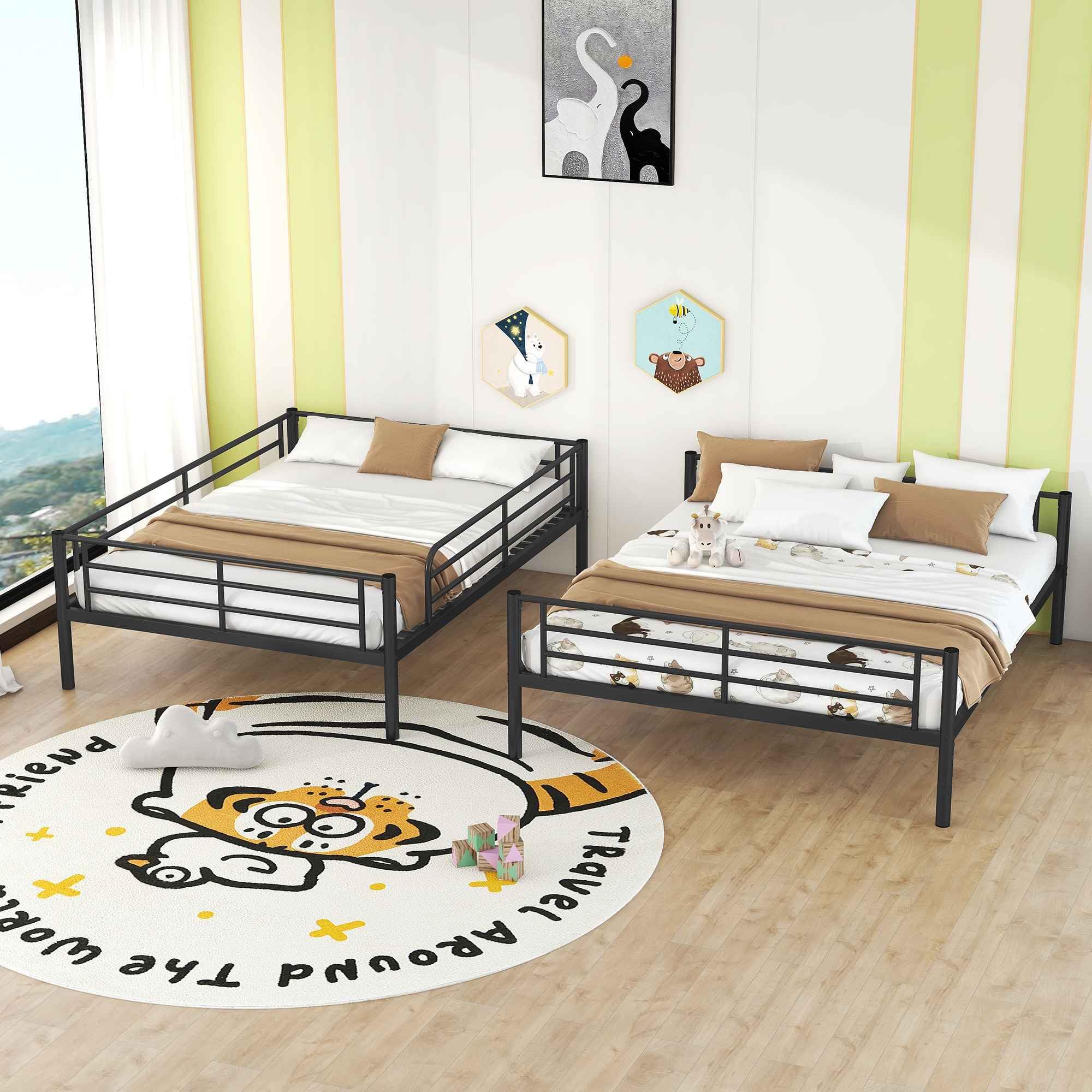 ATY Metal Bunk Bed Full XL Over Queen Size, Convertible Sturdy Bedframe w/Ladder and Guardrail, Can Seperated into 2Beds,No Box Spring Needed, for Kids, Teens, Adults, Black