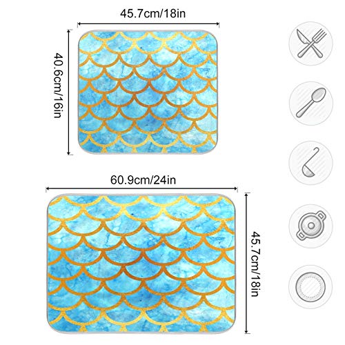 Ocean Mermaid Scales Dish Drying Mat 24"x18" Absorbent Machine Washable Hanging Fast Dry Pad Dish Protective Mat for Kitchen Countertop Heat Resistant Dinner Table Mat