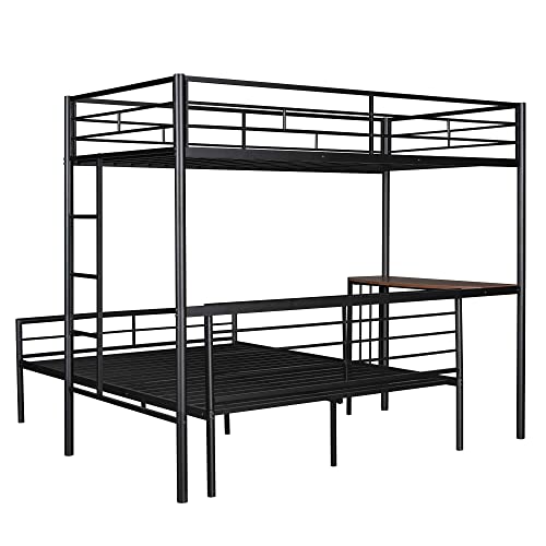 ATY Metal Bunk Beds Twin Over Full Size, L Shaped Steel Bedframe w/Desk & Built-in Ladder and Full-Length Guardrail, No Box Spring Needed, Black