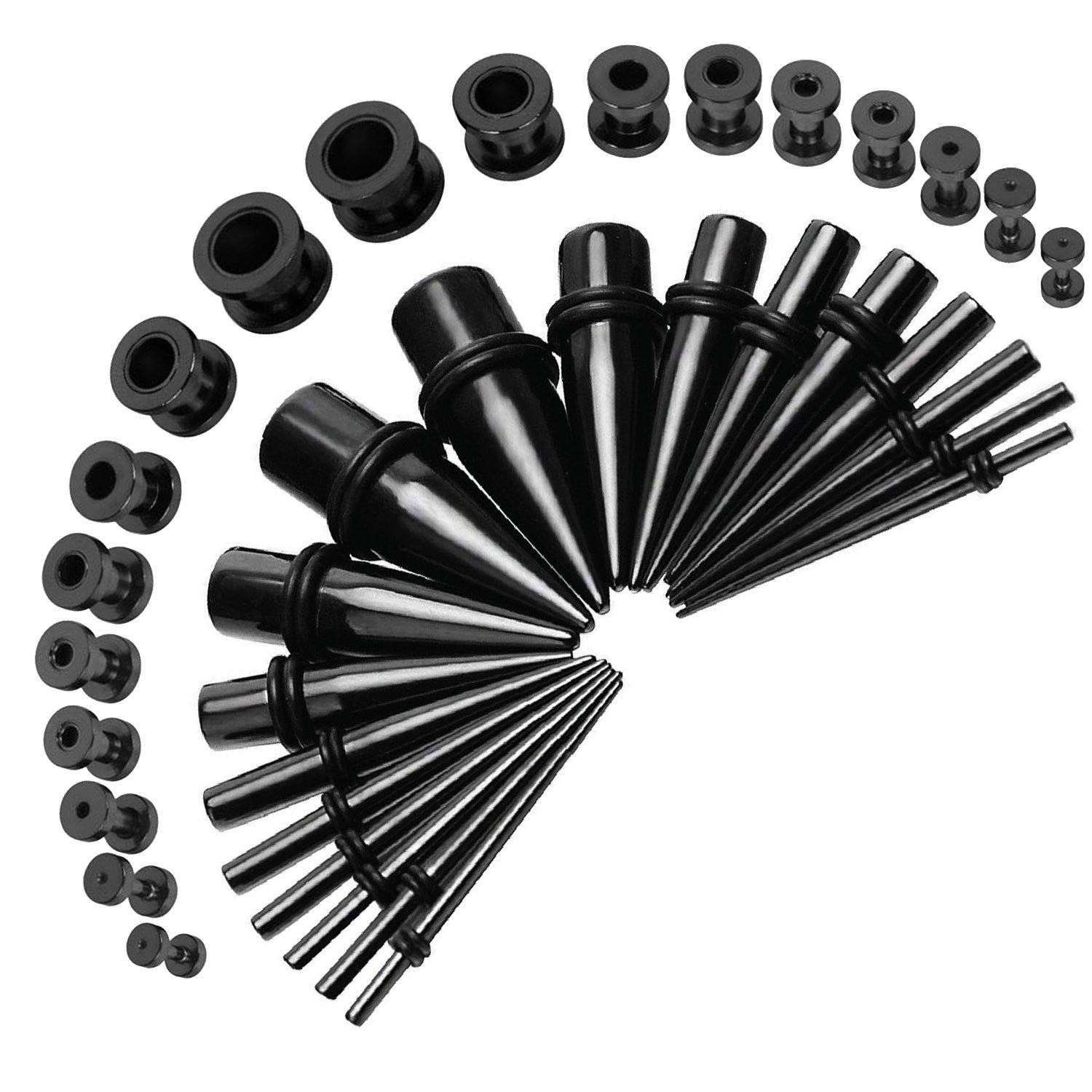 BodyJ4You 36PC Ear Stretching Kit - 14G-00G Beginner Gauges - Black White Splatter Steel Tapers Single Flare Tunnels Plugs - Stretchers Expanders Eyelets
