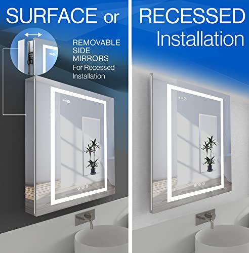 KRISTALLUM LED Lighted Medicine Cabinet Front & Backlit Dimmable Colours, Clock & Temp, USB Outlets