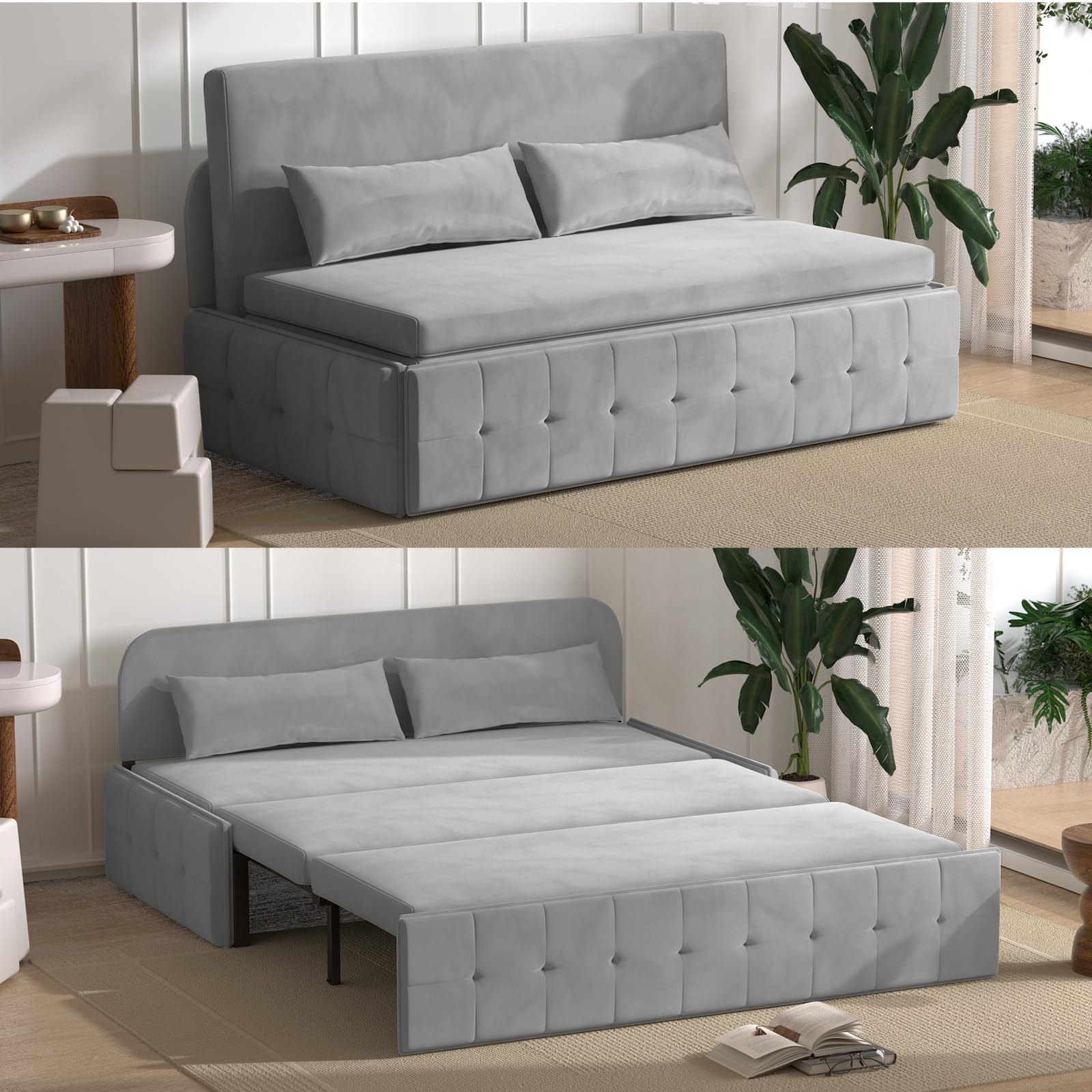 CECER Queen Size Pull Out Sofa Bed, Guest Couch Bed with 2 Pillows, Velvet Convertible Sleeper Sofa with Foldable Mattress, 3 in 1 Armless Loveseat Bed for Living Room,Small Space(Light Grey)