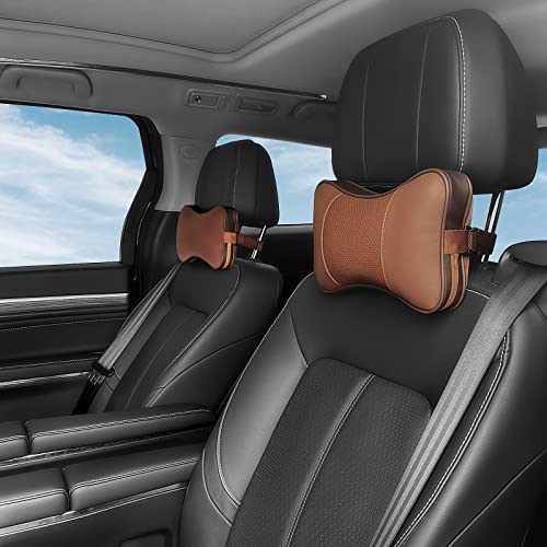 au-kee Headrest Pillow Memory Foam Cushion Leather Velvet Two Sides Cover Neck Support for Office Car Seat Coffee(Pack of 2)