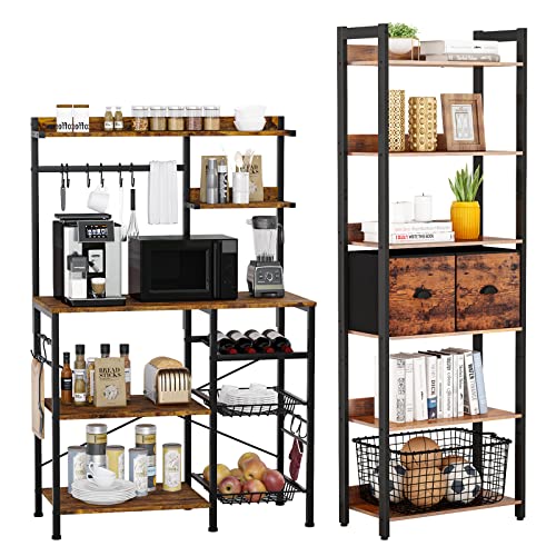 Furologee 6-Tier Bookshelf, Tall Rustic Bookcase with 2 Drawers Storage Organizer Kitchen Baker’s Rack with 2 Pull Out Wire Baskets
