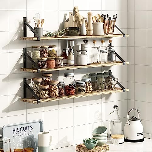 Fixwal Floating Shelves, 36 Inch Wall Bookshelf Set of 3, Large Floating Book Shelves for Wall Decor, Rustic Wood Wall Storage Shelves for Bedroom, Living Room, Kitchen, Bathroom (Carbonized Black)