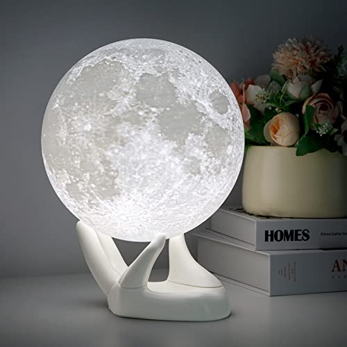 BRIGHTWORLD Moon Lamp, 3D Printing Moon Light 4.7 inch Night Light for Kids Gift for Girls Boys Women, Touch Control USB Rechargeable Brightness Adjustable Warm & Cool White Color (White Hand Stand)