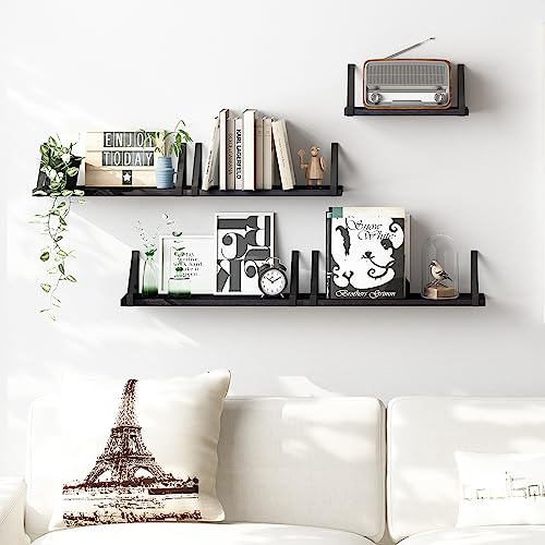 Fixwal Floating Shelves, Width 4.7 Inches Wall Mounted Shelves Set of 5, Rustic Wood Storage Bookshelves, Farmhouse Decor for Bathroom, Bedroom, Living Room, Kitchen and Office (Black)