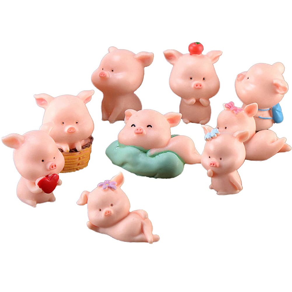 MAOMIA Miniature Pig Figurines, Cute Pink Piggy Toy Figures Cupcake Toppers for Fairy Garden Car Party Decor(Pack of 9)