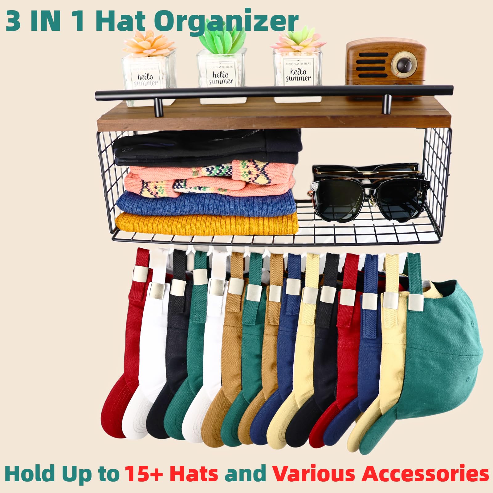 FUMOLY Metal Hat Shelf for Wall, Pine Wood Baseball Cap Holder with 15 Hooks, Dome Dock Hat Rack, Baseball Cap Organizer, Hat Display Wall Mount, Hat Hanger for Accessories