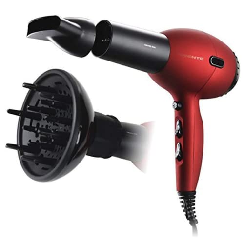 Ovente 1875 Watt Professional Hair Dryer with Diffuser, Ionic & Tourmaline Technology, For Body, Volume & Smoothing, Concentrator Attachment & Travel Bag, Lightweight for Home Use, Black & Red X3400BR