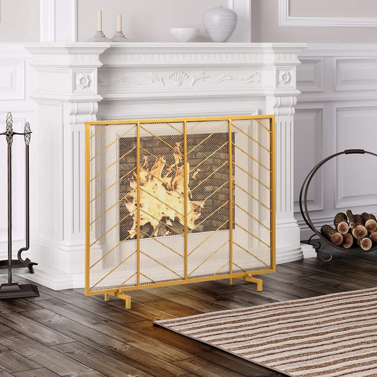 OFFICEJOY 39 x 29in Fireplace Screen, Single Panel Wrought Chevron Fireplace Screen, Iron Mesh Fire Spark Guard for Living Room, Bedroom, Metal Fireplace Decoration for Indoor & Outdoor