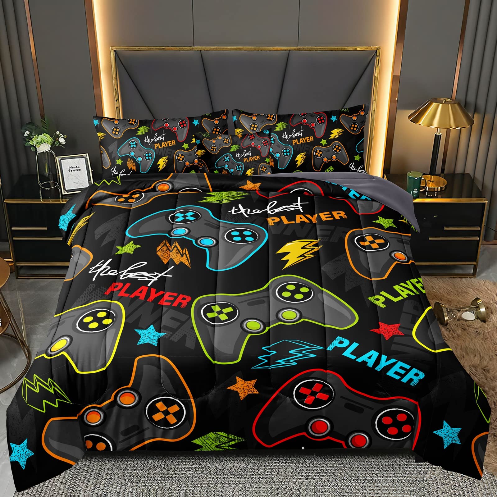 BDUCOK 6 Pieces Gamer Comforter Set for Boys Gaming Bedding Set Queen Size,Video Game Controller Comforter for Boys Kids Adult 3D Gamepad Microfiber Bedding Sets 6 Pieces Bed in A Bag Sets3011,Queen