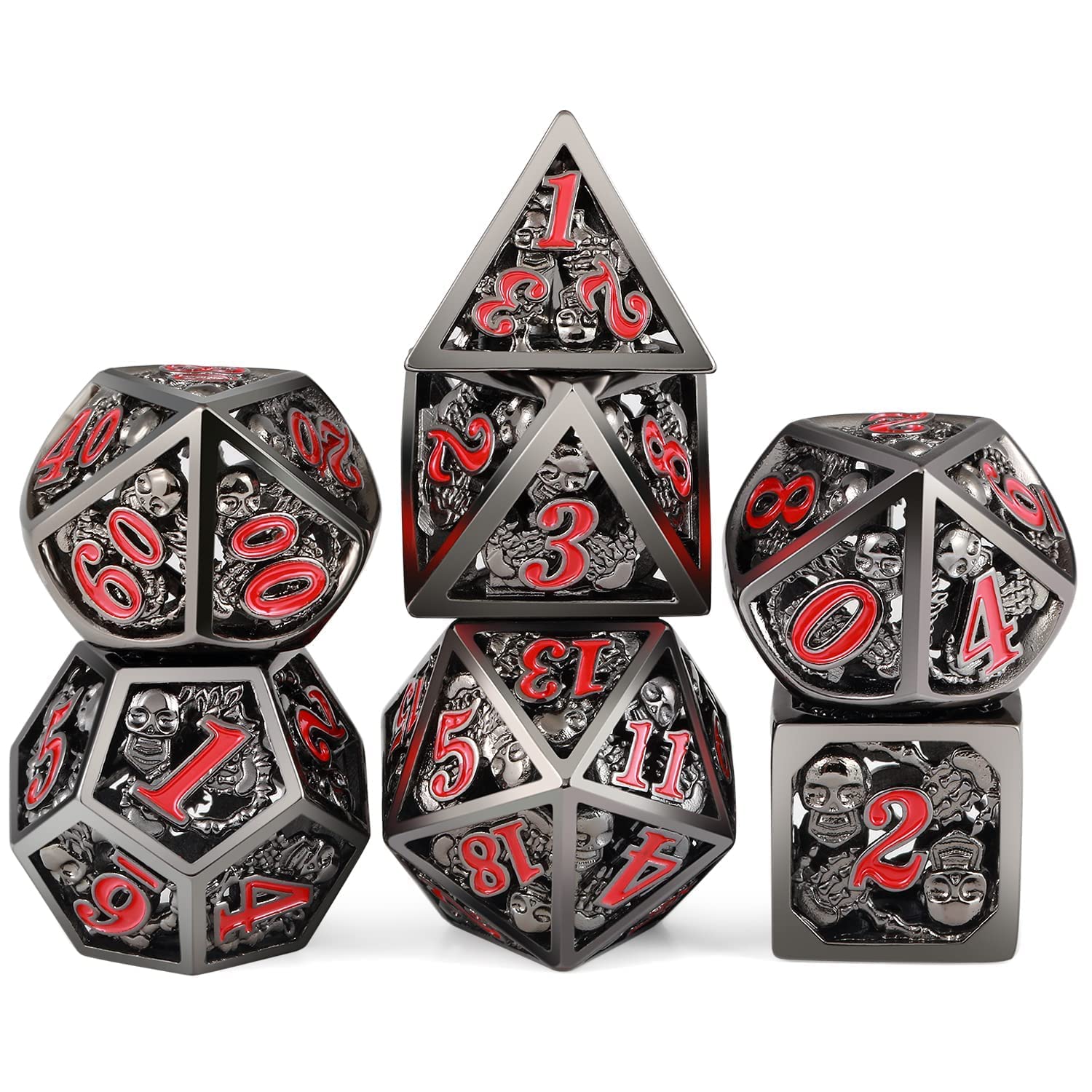 Oversize Skull Hollow DND Metal Dice Set, DNDND 25mm Hollow Copper Die Set with Gift Metal Case for Dungeons and Dragon Halloween (Black with Red Number)