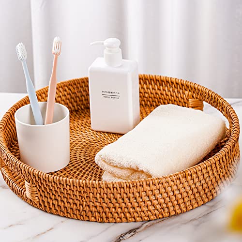 FIYAMMY Large Round Rattan Serving Tray Set of 2, Woven Tray with Handles Serving Basket Wicker Fruit Bread Serving Basket for Coffee Table(13.8in x 2.8in;11.8in x 2.4in)