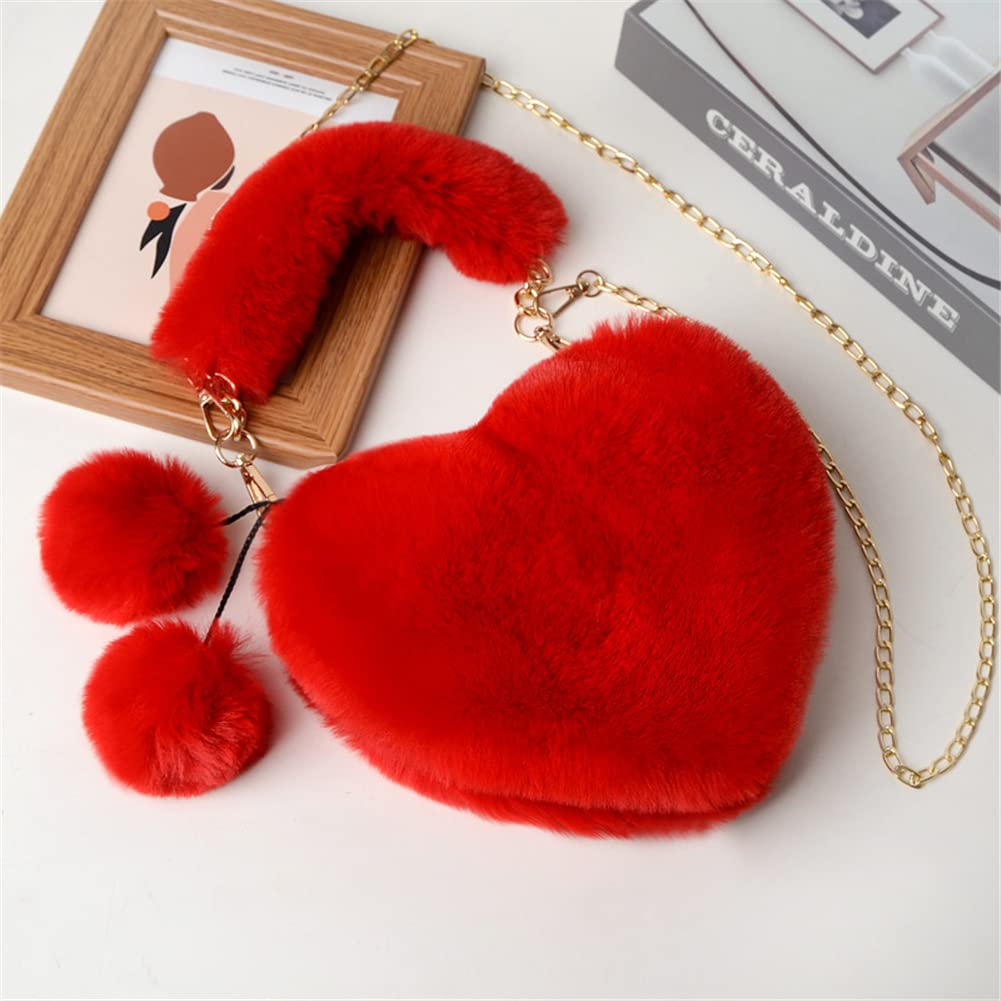 Soft Warm Faux Fur Handbag Fuzzy Crossbody Bag Heart Shape Soft Plush Purse for Winter Women Wallets (Red)