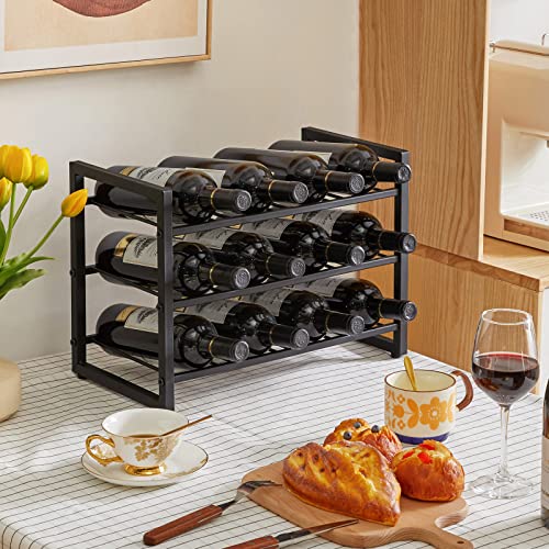 IBUYKE Wine Rack, Stackable Wine Storage Shelf, Liquor Bottle Holders, 3 Tier for 12 Bottles, Inserts for Cabinet, Countertop, Pantry, Bar, Small Space, Study Steel Water Bottle Organizer TMJ906H