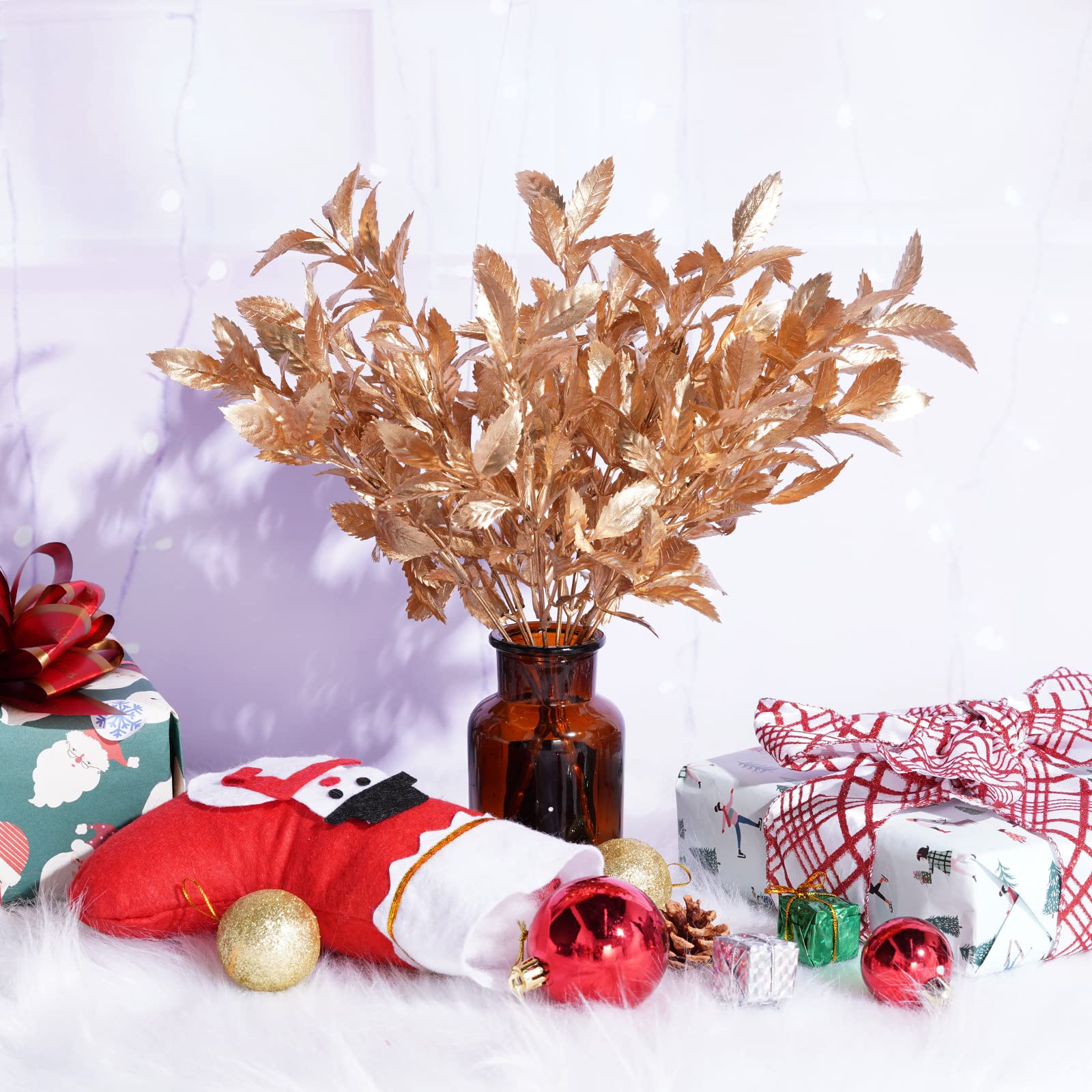 Miayon 2 Pack Christmas Artificial Gold Glitter Leaves Plastic Simulation Grass for Home Garden Christmas Thanksgiving Party Decoration Indoor Outdoor Wedding Décor