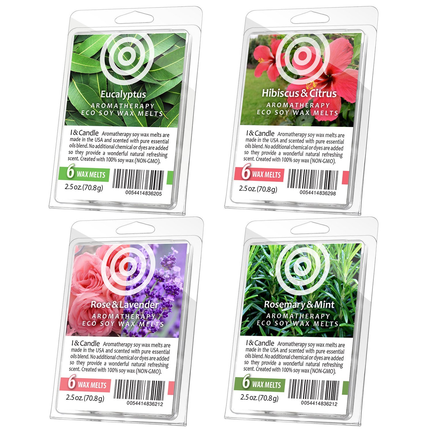 I & Candle, (Set of 4) Eucalyptus / Hibiscus & Citrus / Rose & Lavender / Rosemary & Mint Aromatherapy Wax Melts. 100% Soy Wax Non-GMO. Made in the USA