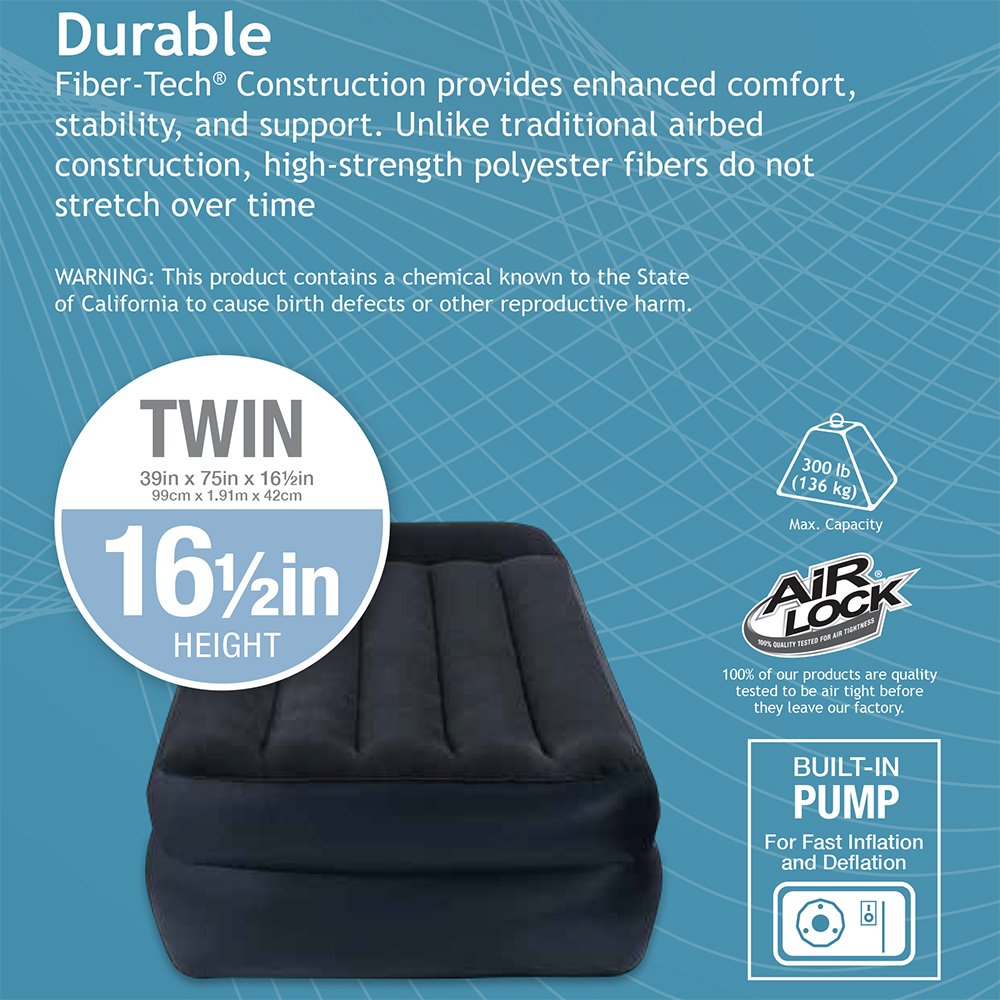 Intex Dura-Beam Standard Series Pillow Rest Raised Airbed w/Built-in Pillow & Electric Pump, Bed Height 16.5", Twin