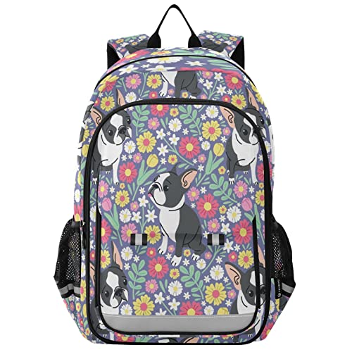 Glaphy Cute French Bulldog Floral Backpack School Bag Lightweight Laptop Backpack Student Travel Daypack with Reflective Stripes