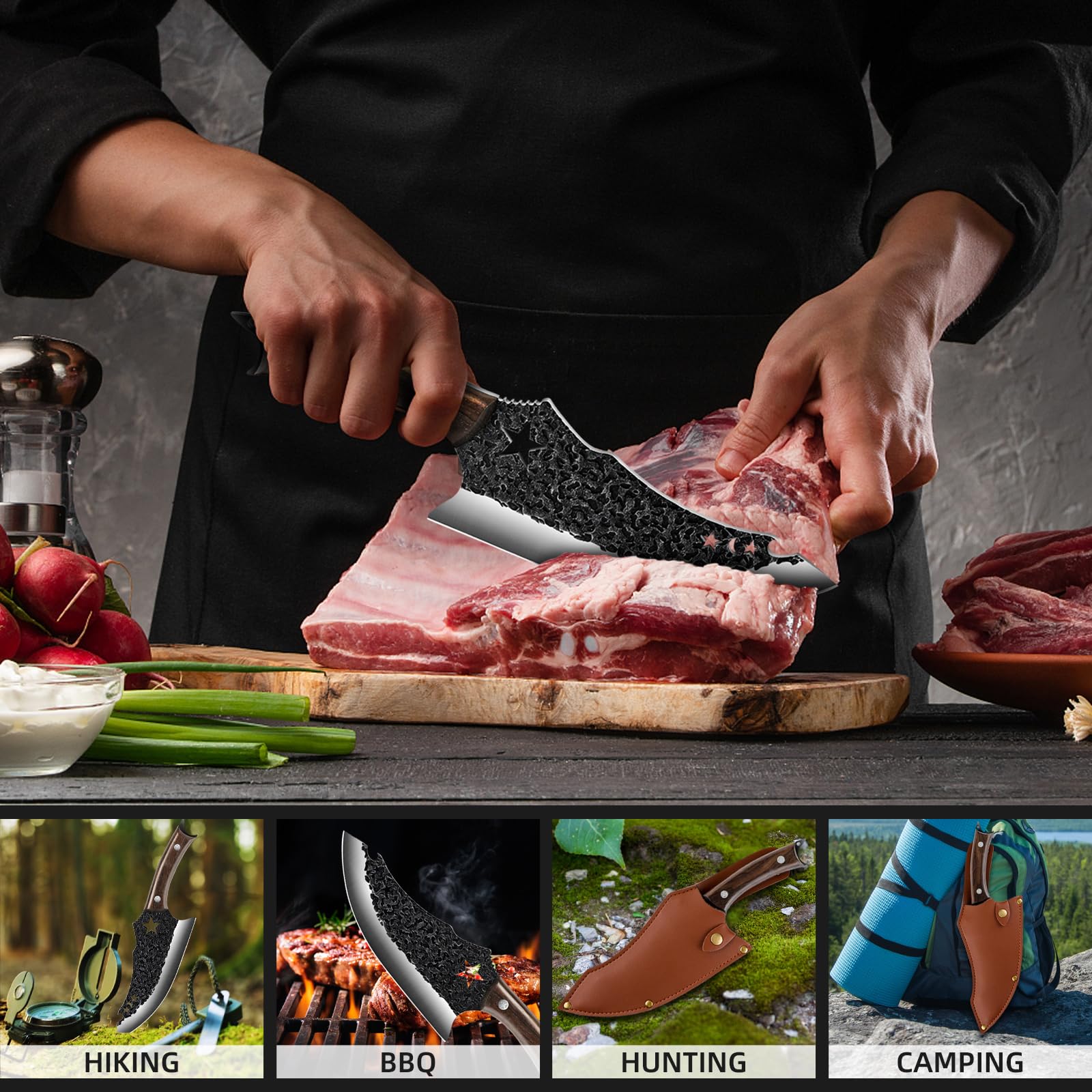 Meat Cleaver Sharp Chef Knife for Butcher Knife with Ergonomic Handle Viking Knife with Opener & Sheath for Kitchen BBQ Camping Outdoor