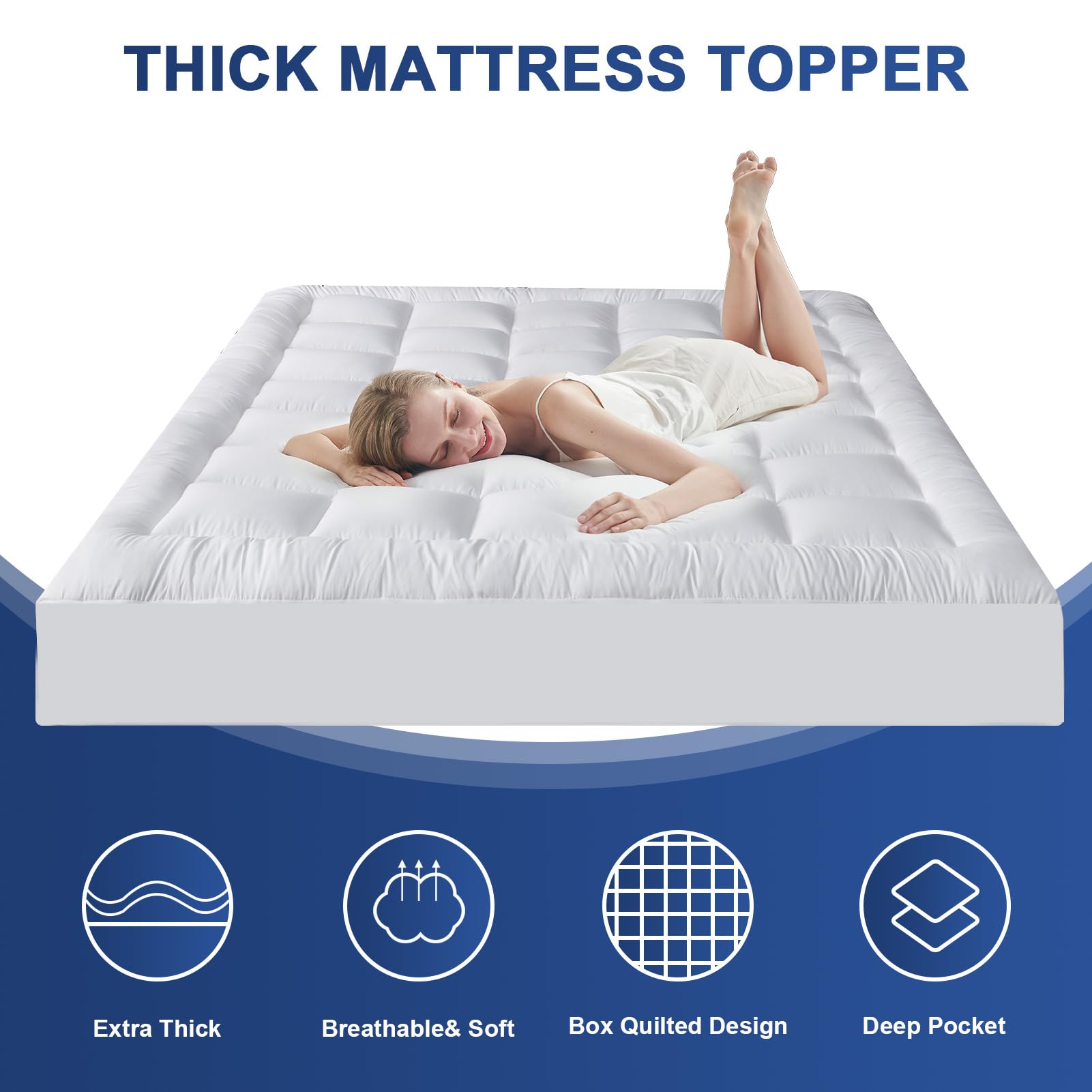 Queen Mattress Topper for Back Pain Extra Thick Mattress Pad Cover with 8-21 Inch Deep Pocket Pillow Top Mattress Topper White Overfilled with Down Alternative