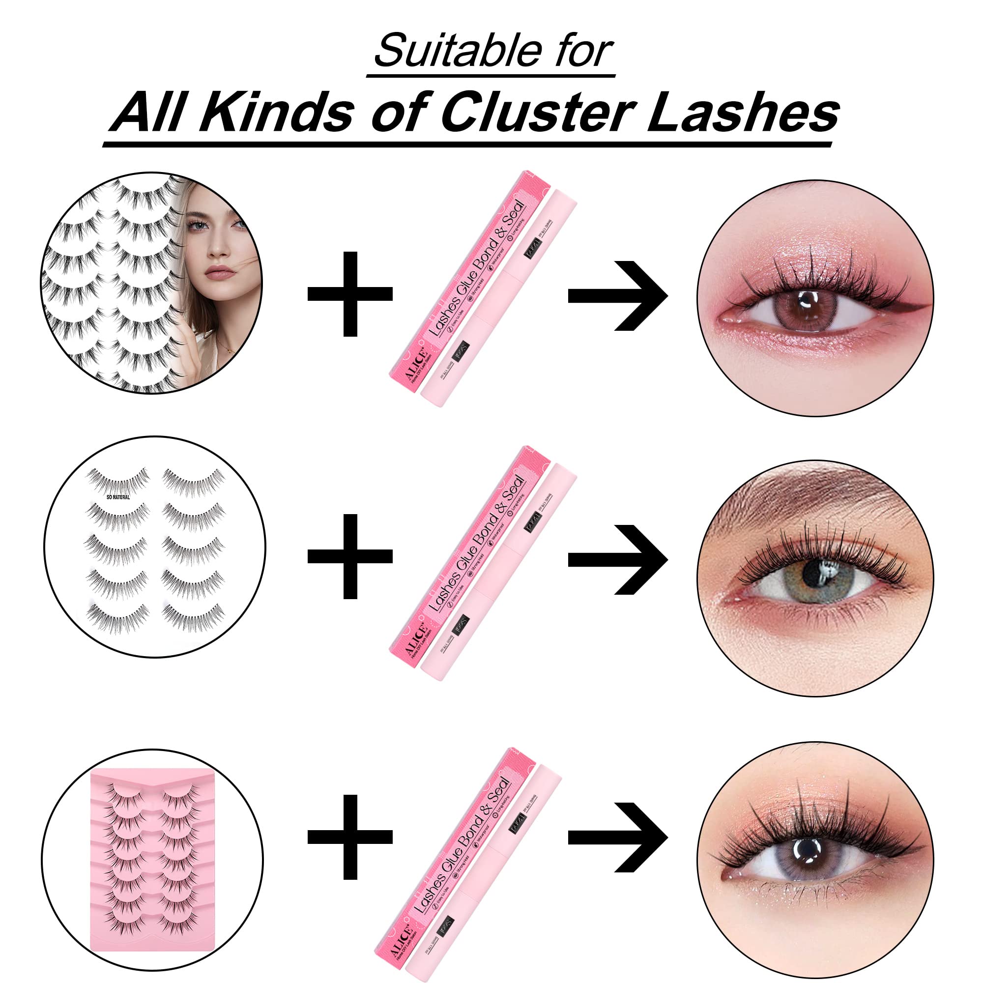 Cluster Lashes Glue Bond and Seal for DIY Lash Extension Strong Hold Long Lasting Waterproof Clump-resistant Eyelashes Glue (5ml×2)