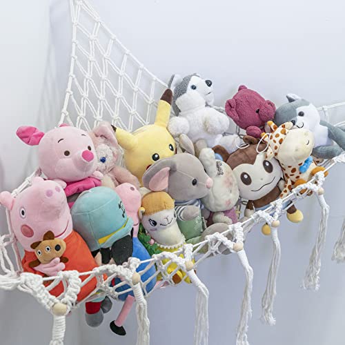 Stuffed Animal Hammock, Toy Hammock Stuffed Animal Net with Tassels Macrame, Corner Plush Toys Net Holder Hanging Net Storage Organizer for Boho Nursery, Play Room, Kids Bedroom